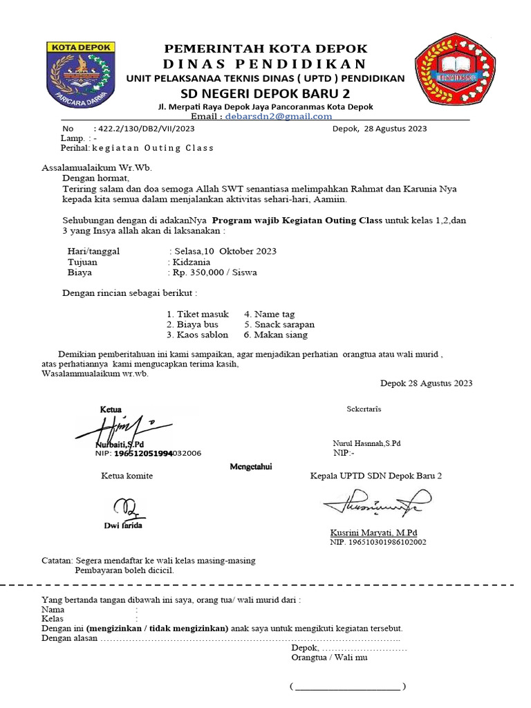 Surat Edaran Outing Class | PDF