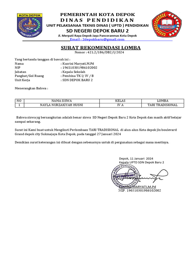 Surat Rekomendasi Lomba Nayla | PDF