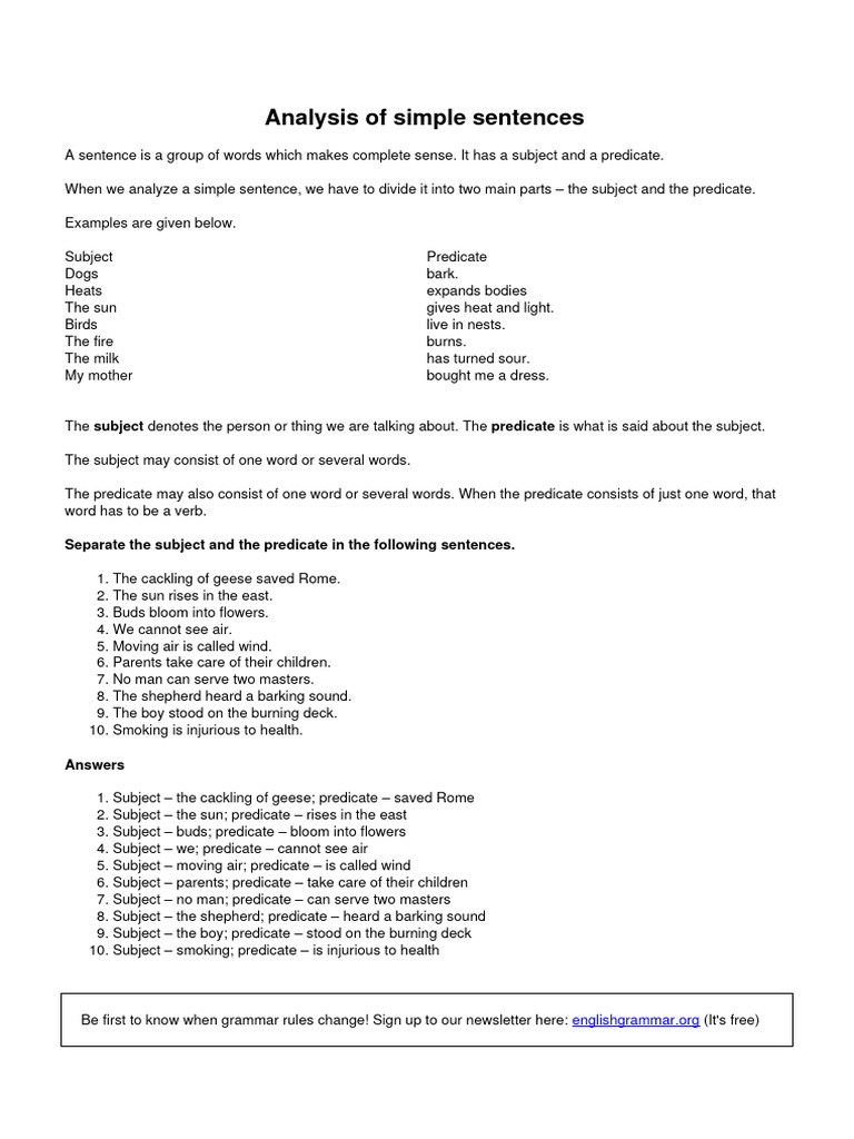 Analysis of Simple Sentences | PDF | Predicate (Grammar) | Subject (Grammar)