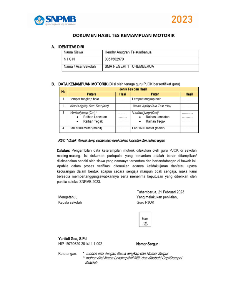 Hasil Tes Kemampuan Motorik Siswa | PDF
