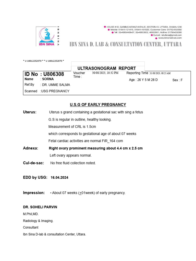 Early Pregnancy Ultrasound Report | PDF | Science & Mathematics