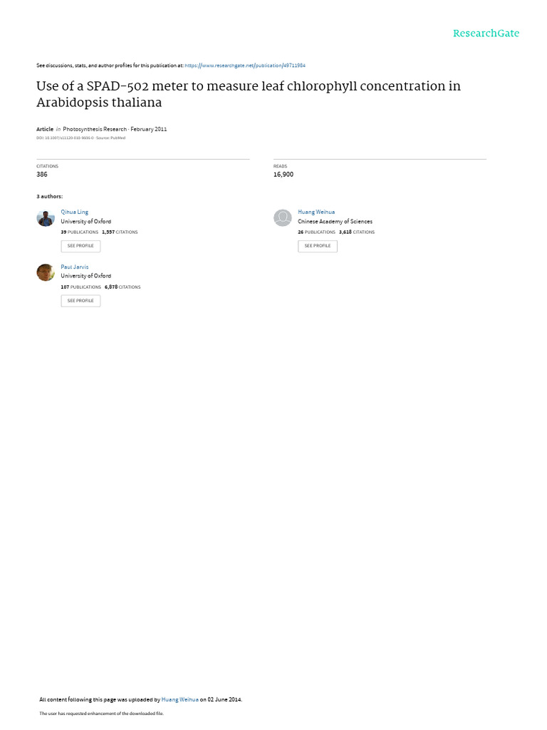 Use of A SPAD-502 Meter To Measure Leaf Chlorophyl | PDF | Chlorophyll ...