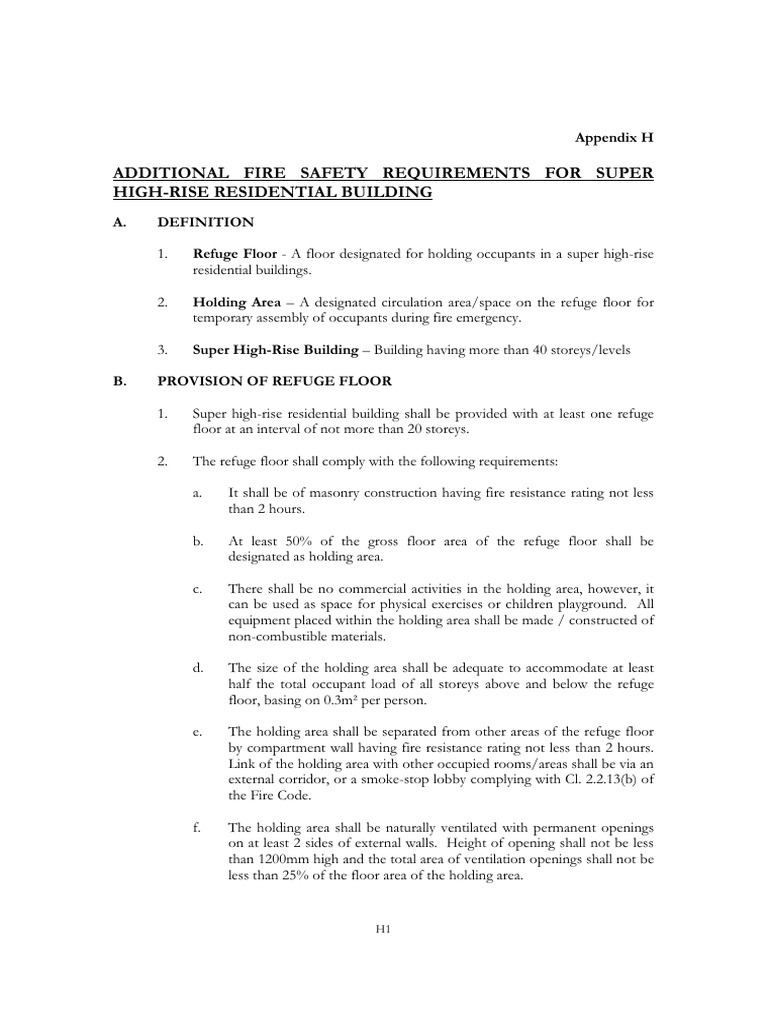Appendix H - Additional Fire Safety Requirements For Super High-rise Residential Building | PDF