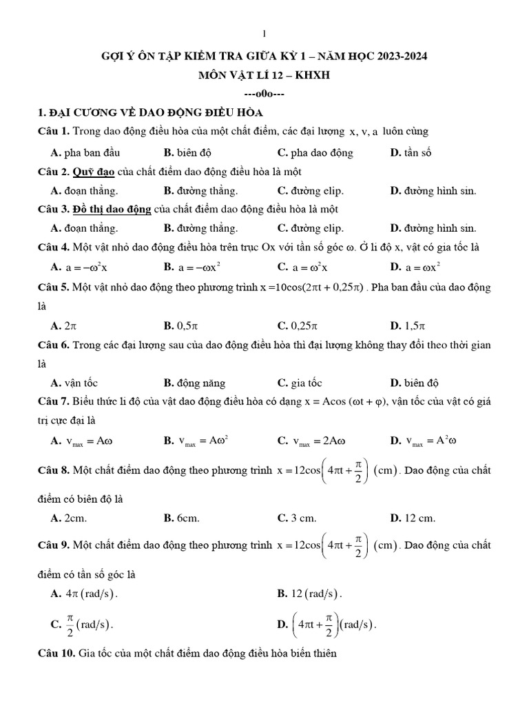 GỢI Ý ÔN TẬP.GK1.VẬT LÍ 12.KHXH | PDF