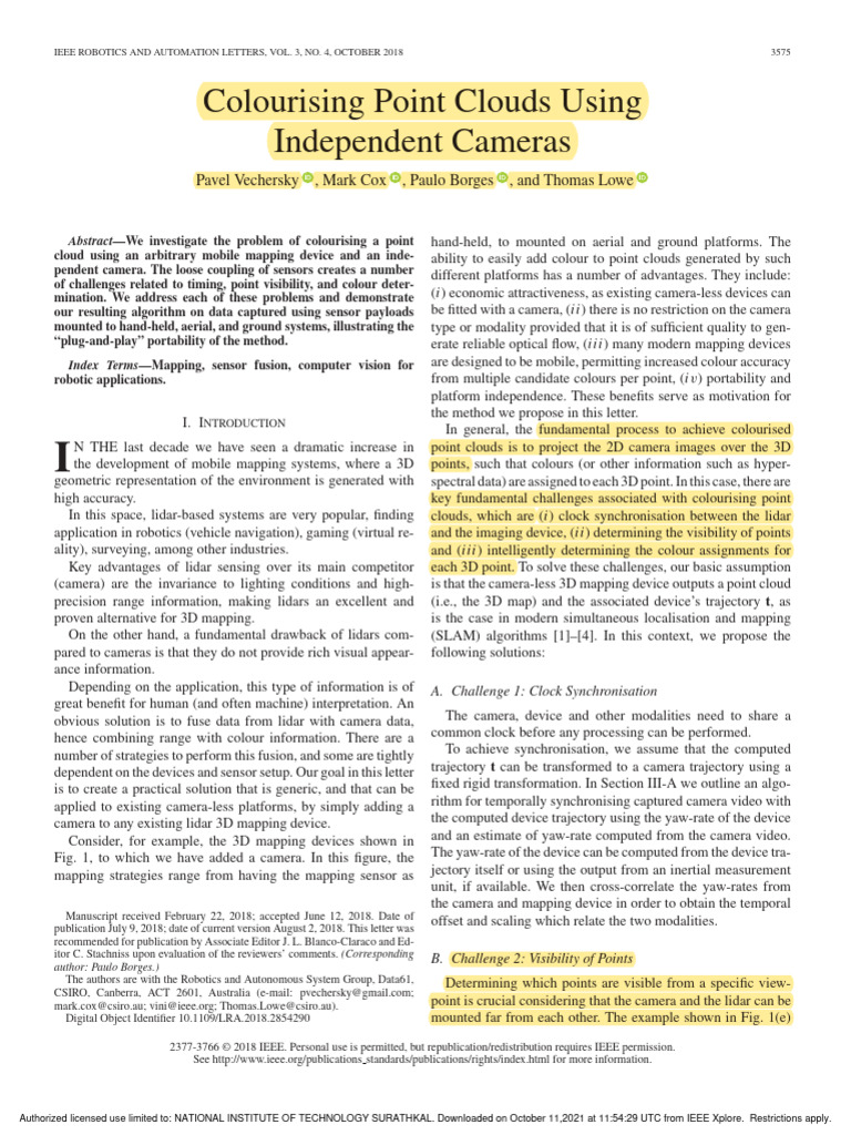 Colourising Point Clouds Using Independent Cameras | PDF | Lidar