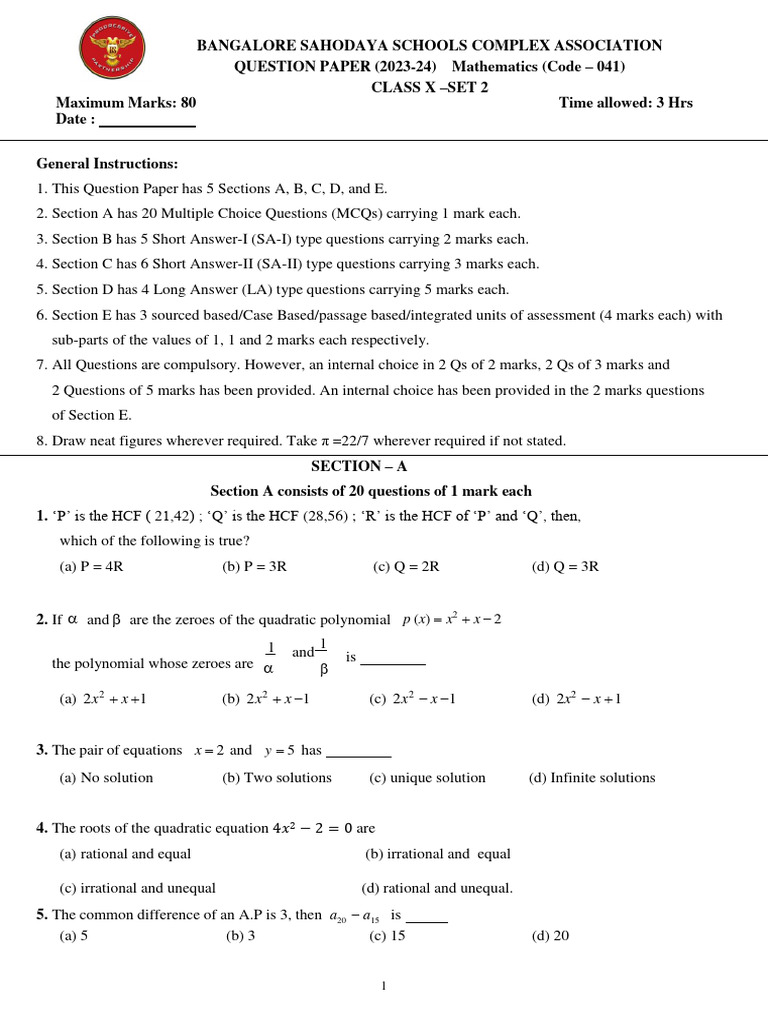 Sahodaya 23-24 Copy of STD Maths Set 2 | PDF | Equations | Abstract Algebra