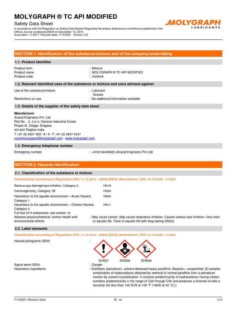MSDS - TC API MODIFIED Thread Compound | PDF | Dangerous Goods | Toxicity