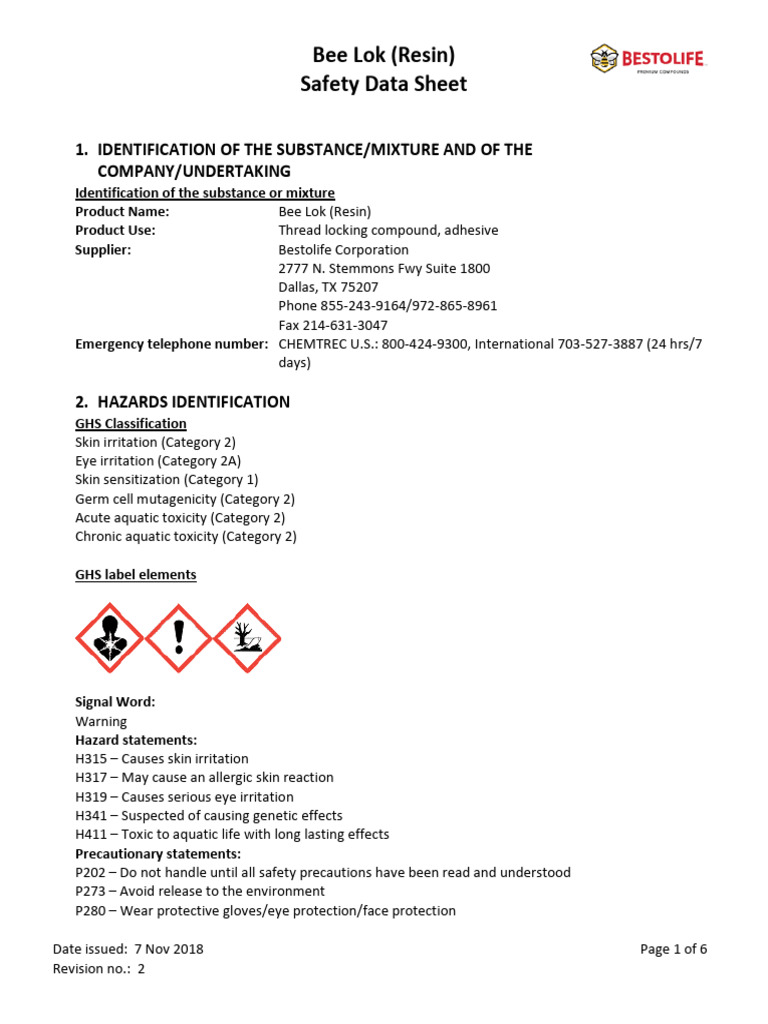 MSDS-Bee_Lok_Resin_ | PDF | Dangerous Goods | Toxicity