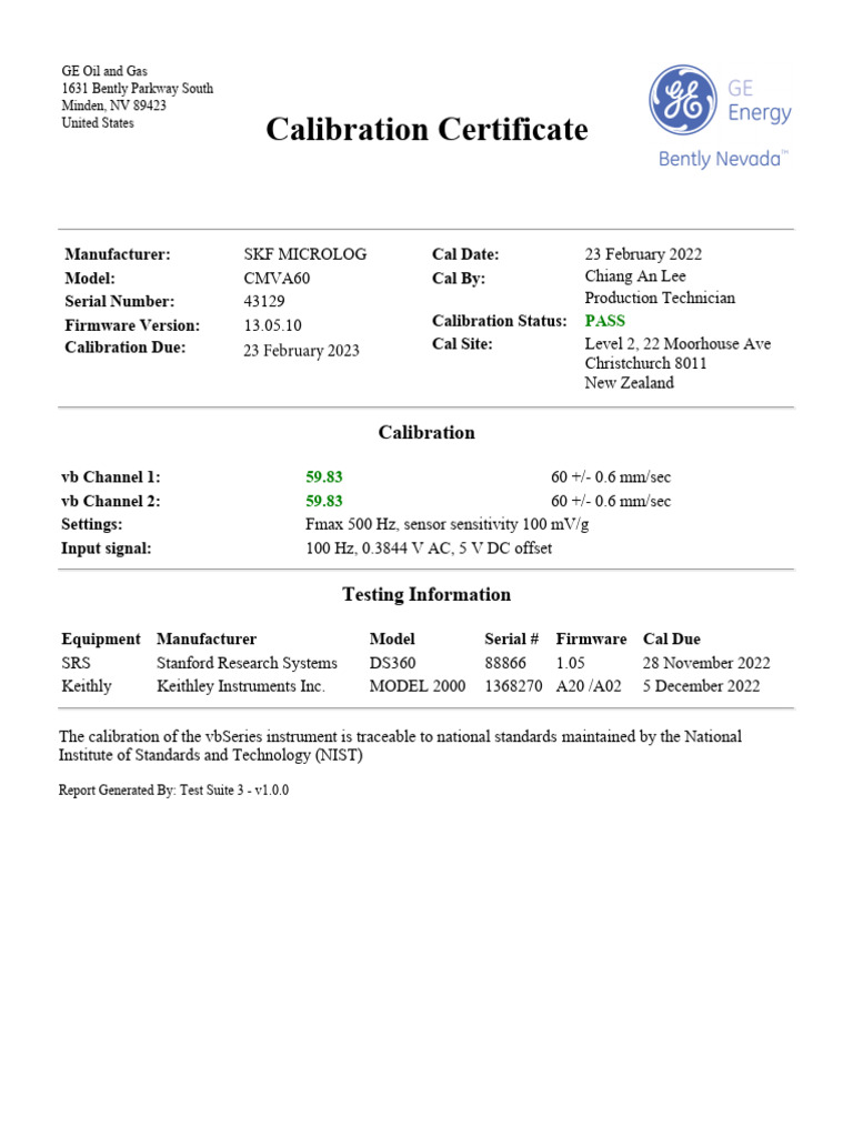 Keithley Calibration Certificate - SKF CMVA60 | PDF