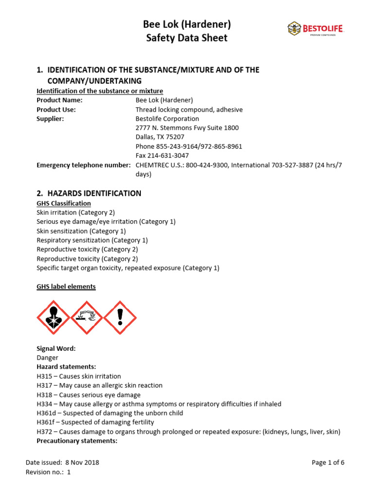 MSDS - Bee - Lok - Hardner | PDF | Toxicity | Safety
