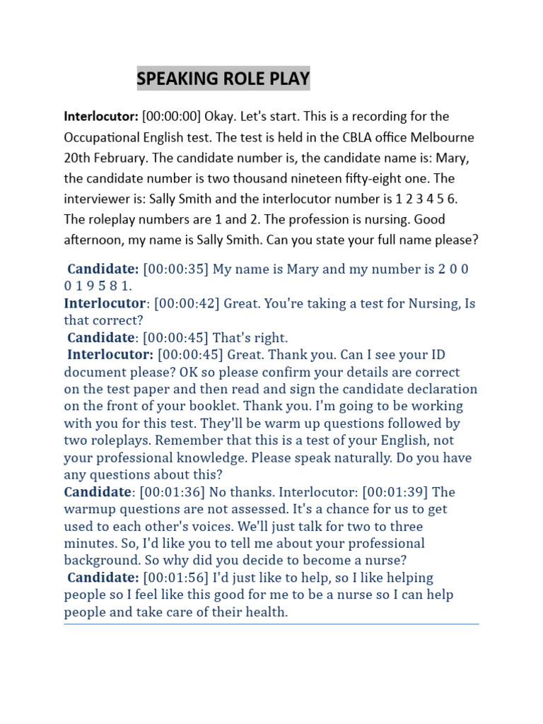 SPEAKING ROLE PLAY Oet Tapescript | PDF | Injection (Medicine) | Nursing