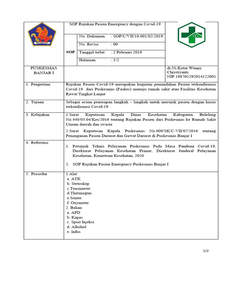 Sop Rujukan Emergency Covid 19 | PDF