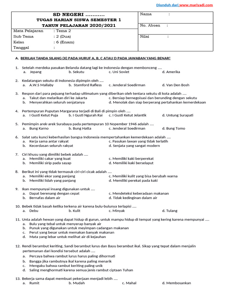 Soal Tugas Harian Kelas 6 Tema 2 - 2 | PDF