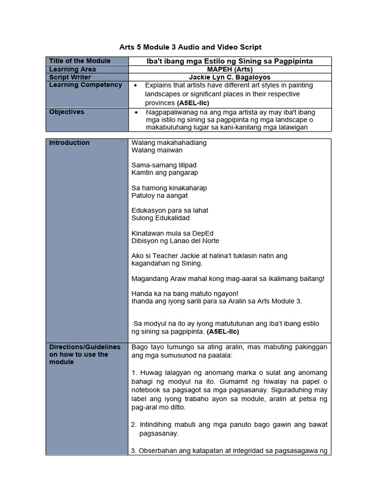 2nd Q Arts Mod 3 Script | PDF