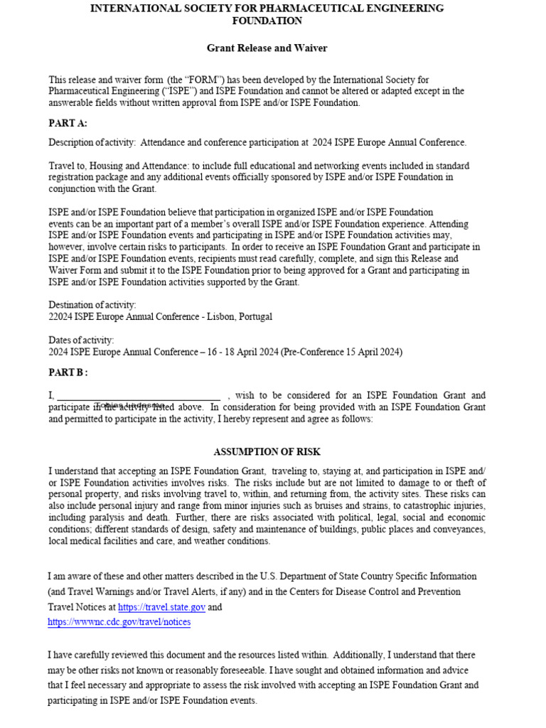 ISPE Grant Release Form - 2024 ISPE Europe Annual Conference | PDF