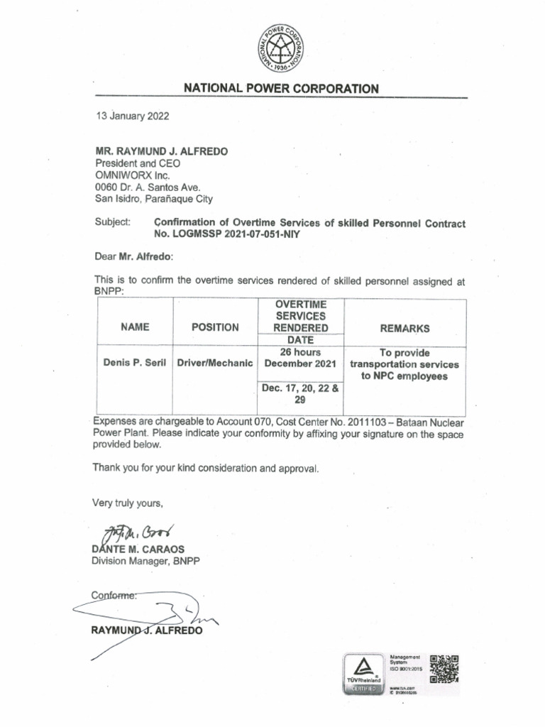 Confirmation of Overtime | PDF