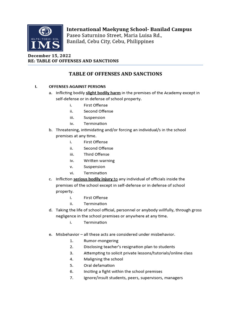 Table of Offenses and Sanctions | PDF | Justice | Crime & Violence
