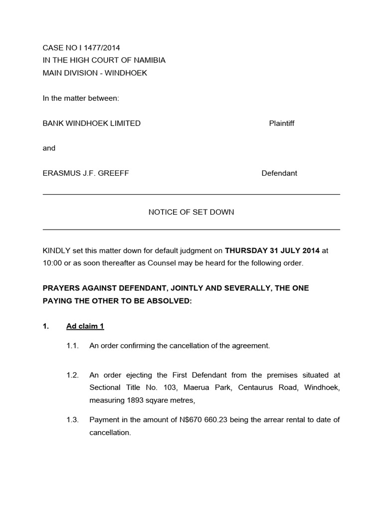 Bank Windhoek vs. Greeff Judgment Notice | PDF | Law