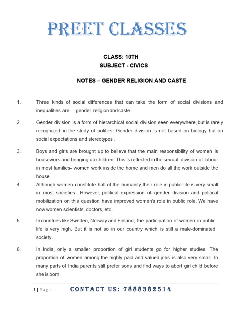 Gender Religion and Caste Notes Class 10th | PDF | Gender | Gender Studies