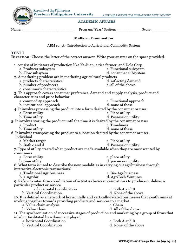 1st Sem 2023-2024 - Midterm Exam in ABM 105 A | Download Free PDF | Agribusiness | Agriculture
