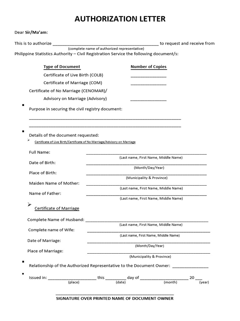 Authorization Letter for Civil Documents | PDF | Birth Certificate | Family