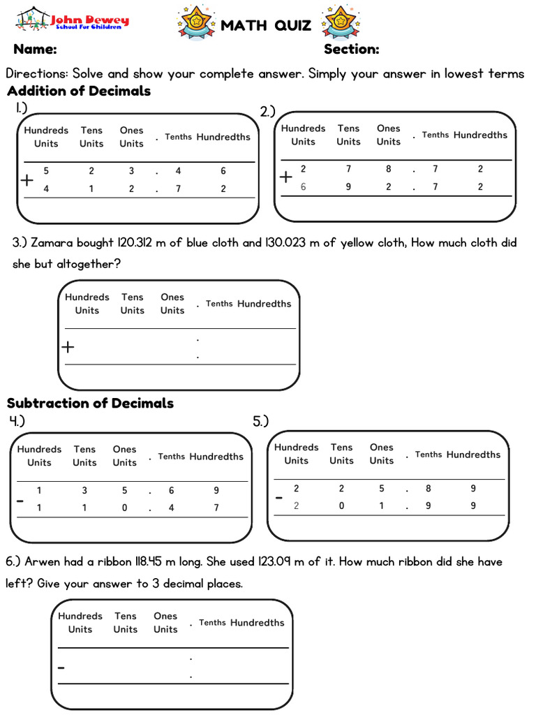Math 6 Quiz | PDF | Decimal | Ratio