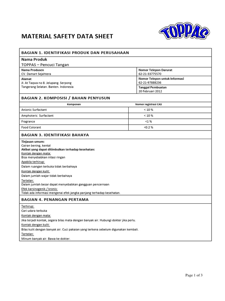 MSDS TOPPAS Pencuci Tangan | PDF