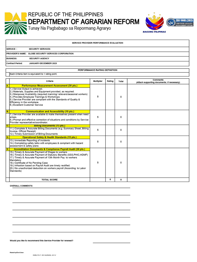 Service Provider Performance Evaluation | PDF | Invoice | Employment