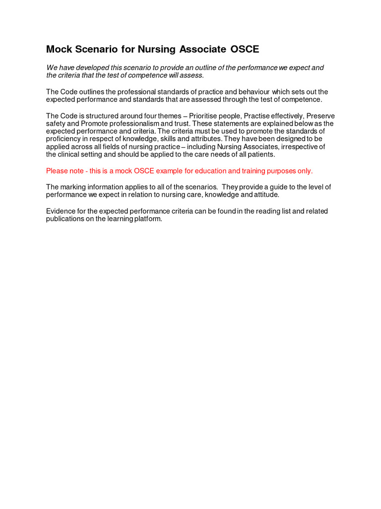 Nursing Associate OSCE Mock Scenario Guide | PDF | Patient | General ...