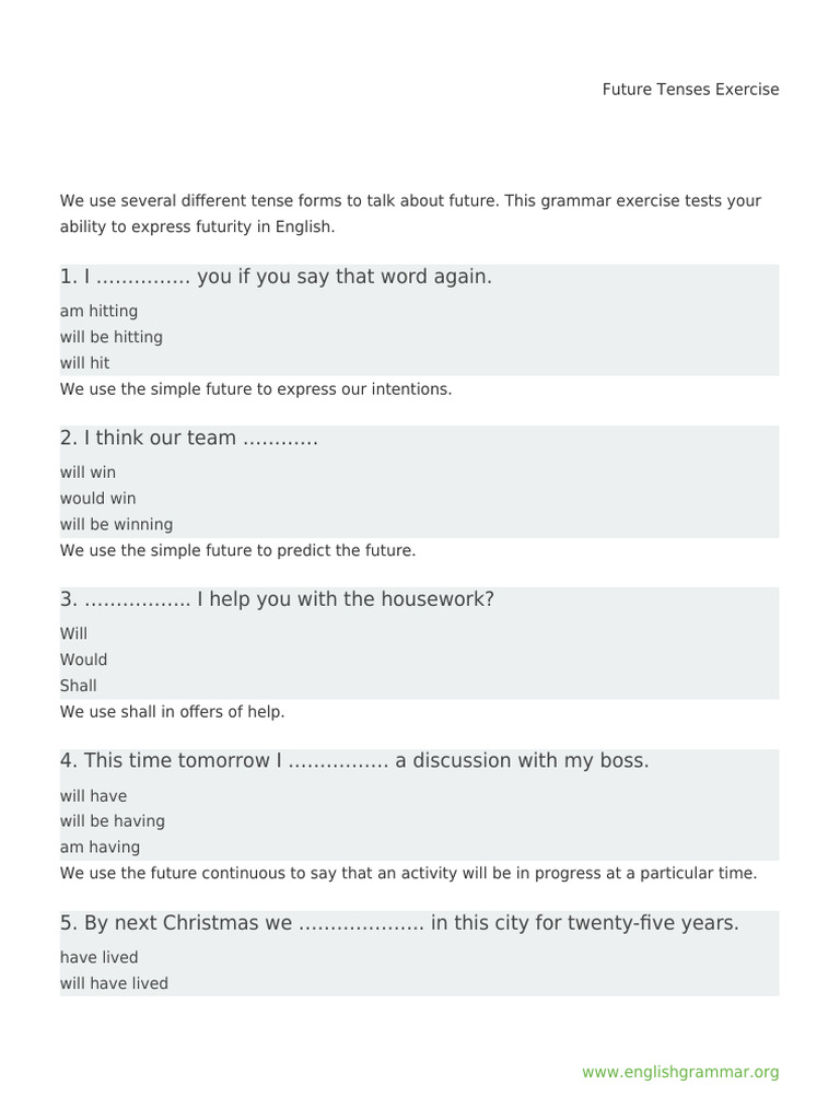 Future Tenses Exercise | PDF | Linguistic Morphology | Syntax