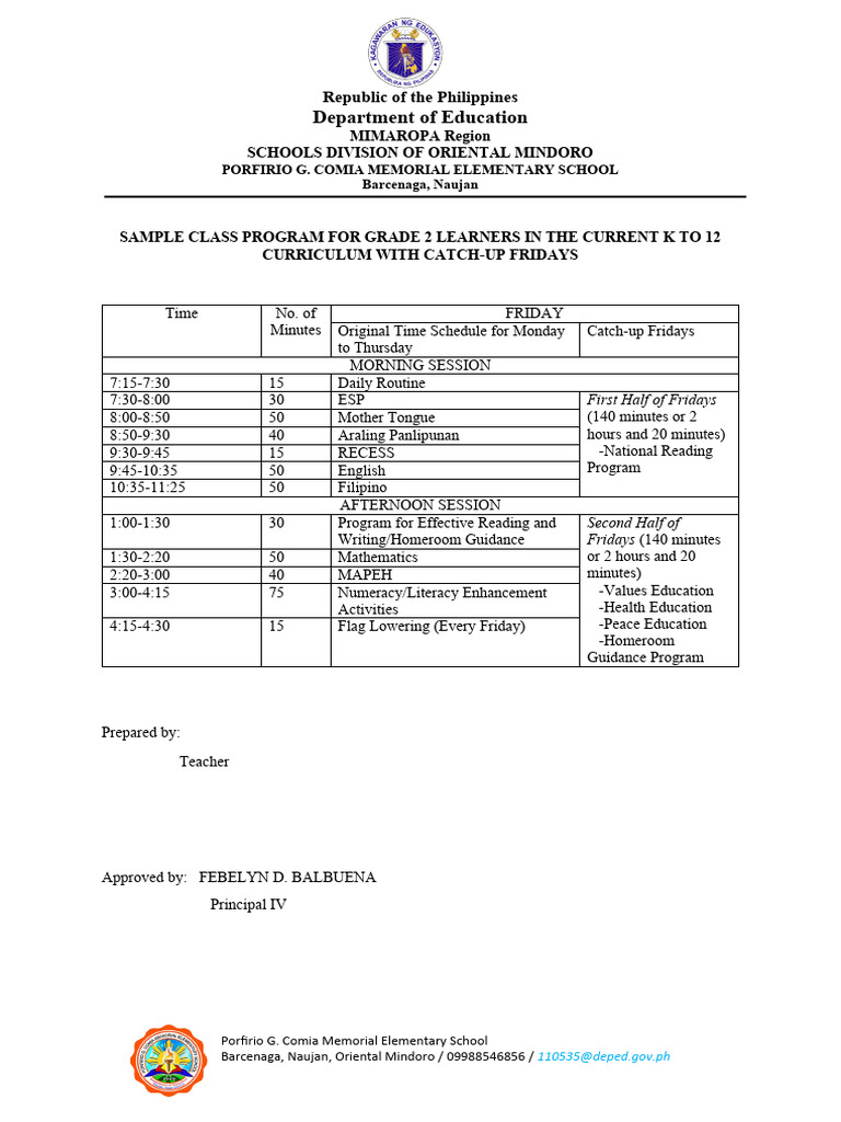Grade 2 Class Program 2025-2026 | PDF