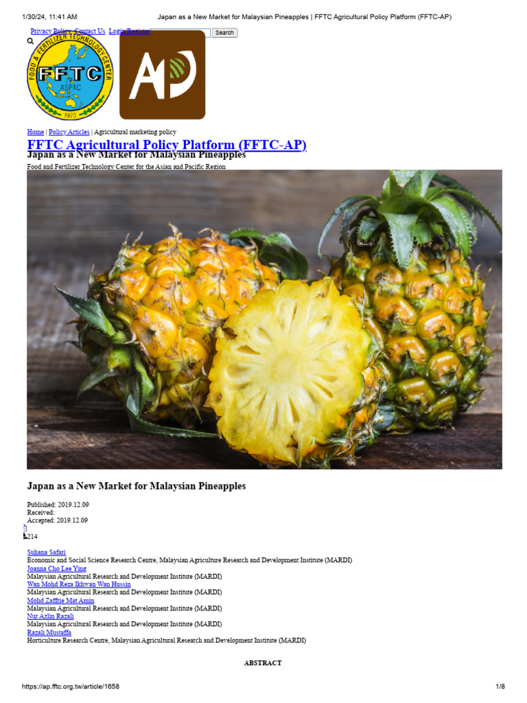 Japan As A New Market For Malaysian Pineapples - FFTC Agricultural Policy Platform (FFTC-AP) | PDF