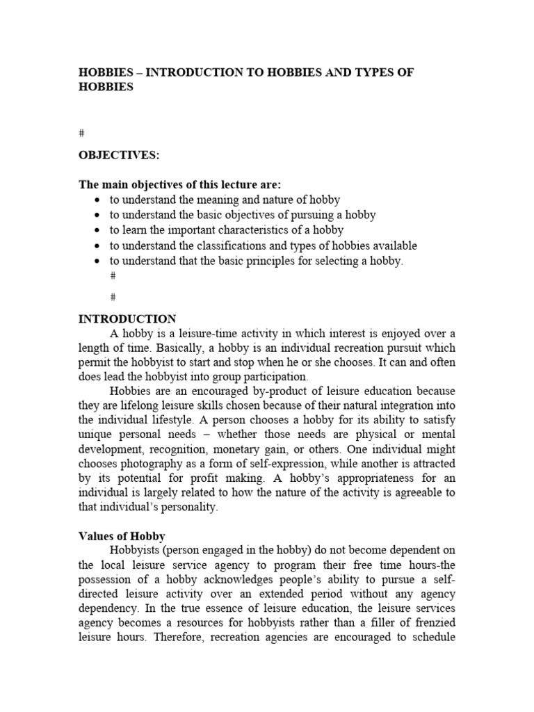 Hobbies - Introduction To Hobbies and Types of Hobbies | PDF | Hobbies ...
