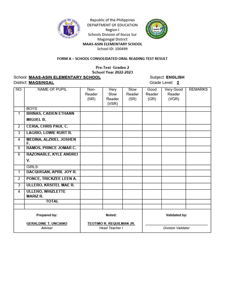 School Based Oral Reading Test Form Pdf 1040