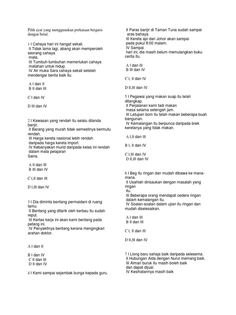 Contoh Soalan Pilih Ayat Yang Betul Atau Salah