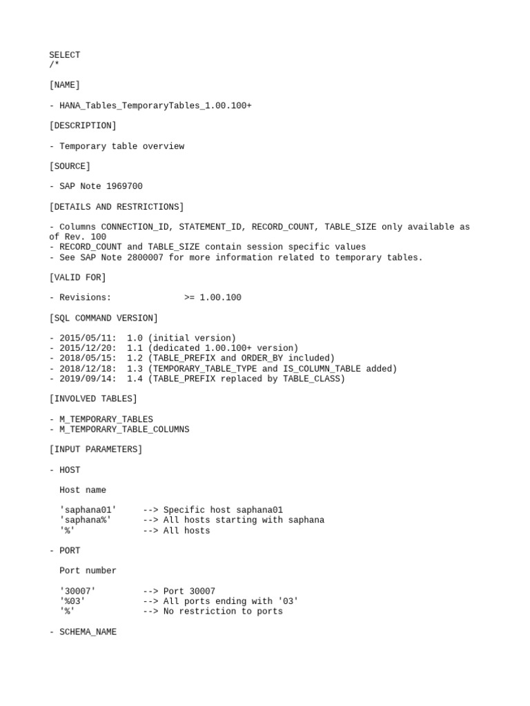 HANA Tables TemporaryTables 1.00.100+ | PDF | Table (Database) | Schema (Psychology)
