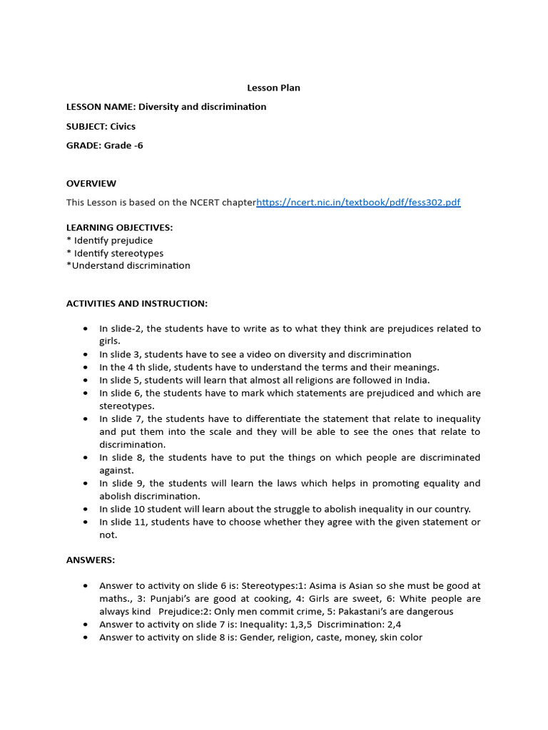 Lesson_Plan_G6_Civics_Diversity_and_discrimination | PDF | Prejudices ...