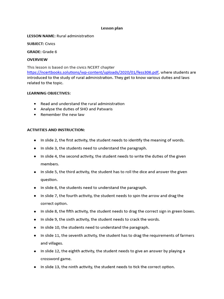 Lesson Plan - G6 - Civics - Rural Administration | PDF | Agriculture ...