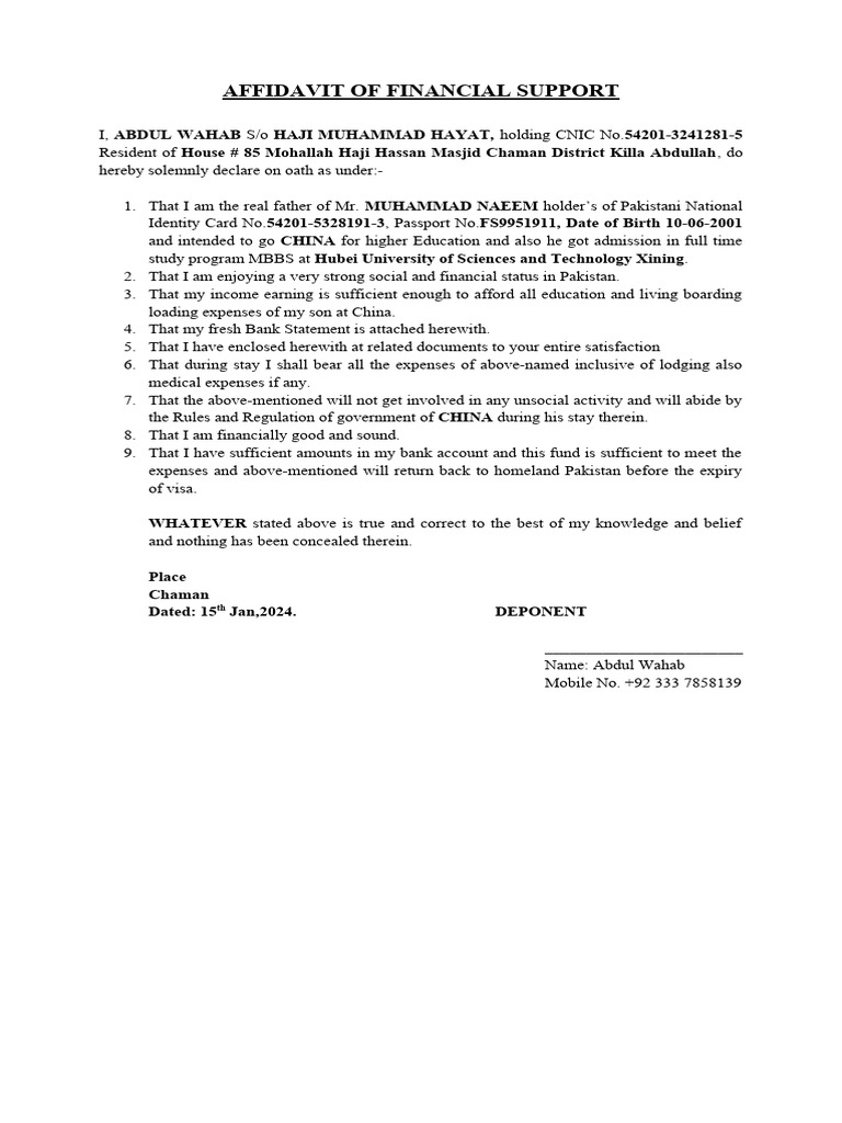Affidavit of Financial Support | PDF