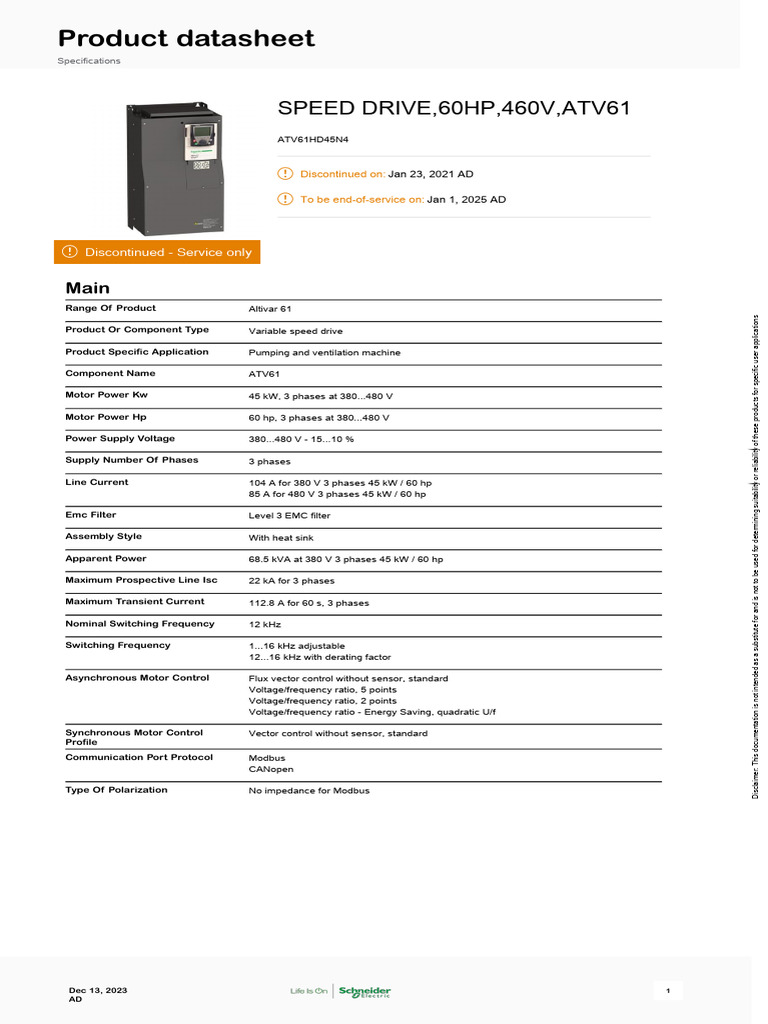 Schneider Electric - Altivar-61 - ATV61HD45N4 | PDF | Electric Motor ...