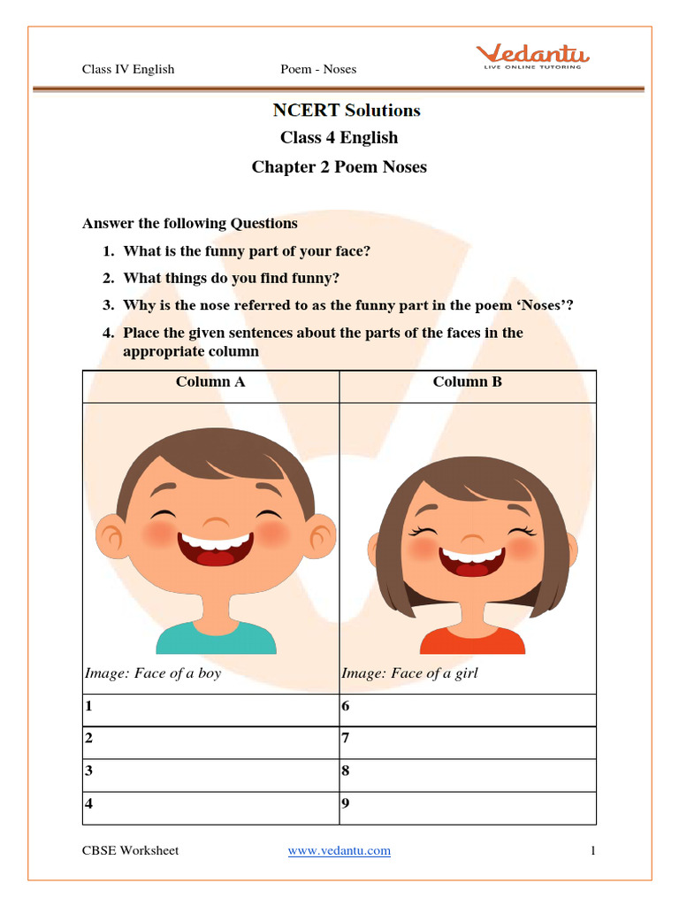 NCERT Solutions For Class 4 English Chapter 2 - Noses - . | PDF