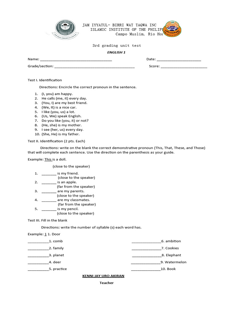 3rd Grading Unit Test | PDF | Linguistics | Linguistic Morphology