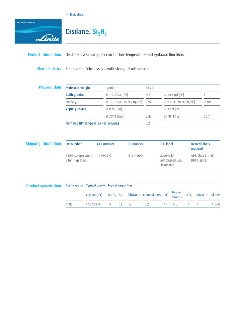 linde-datasheet-16-Disilane-June-2017_tcm17-417426 | PDF | Gases ...