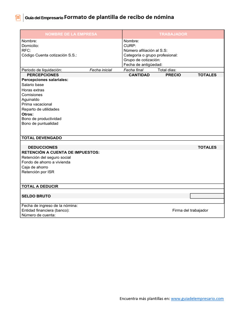 Plantilla De Recibo De Nomina Pdf Pdf
