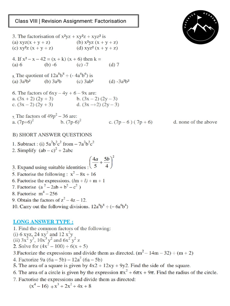 8th Factorisation Revision | PDF 8th Factorisation Revision | PDF