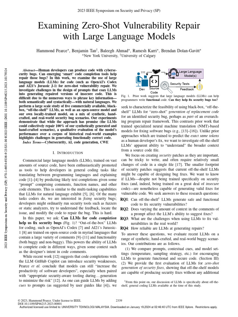 Examining Zero-Shot Vulnerability Repair With LLM | PDF | Art ...