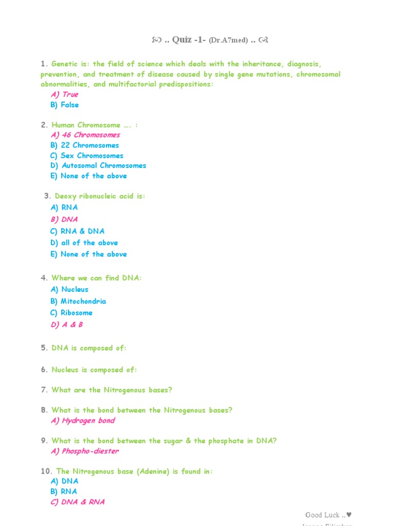 Genetics Quiz: DNA and Chromosomes | PDF | Self-Improvement | Science ...