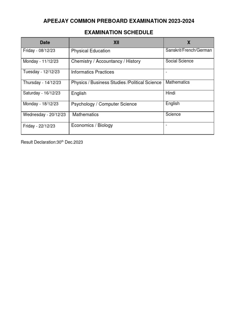 APEEJAY Preboard Exam Schedule 2023-24 | PDF