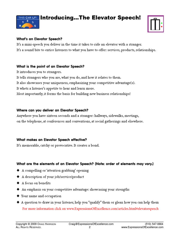 Elevator Speech Concept+Template | PDF | Human Communication