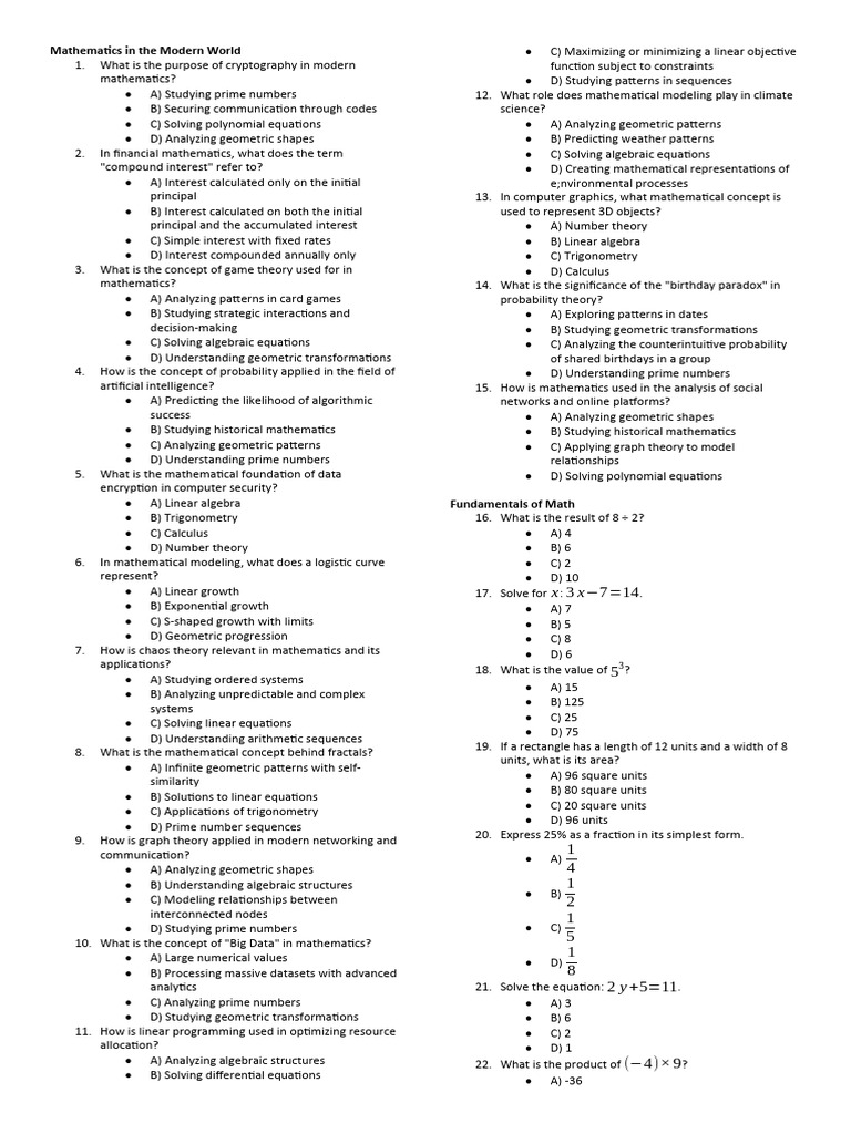 Pre-Test (GE Math) Questions | PDF | Mathematics | Odds